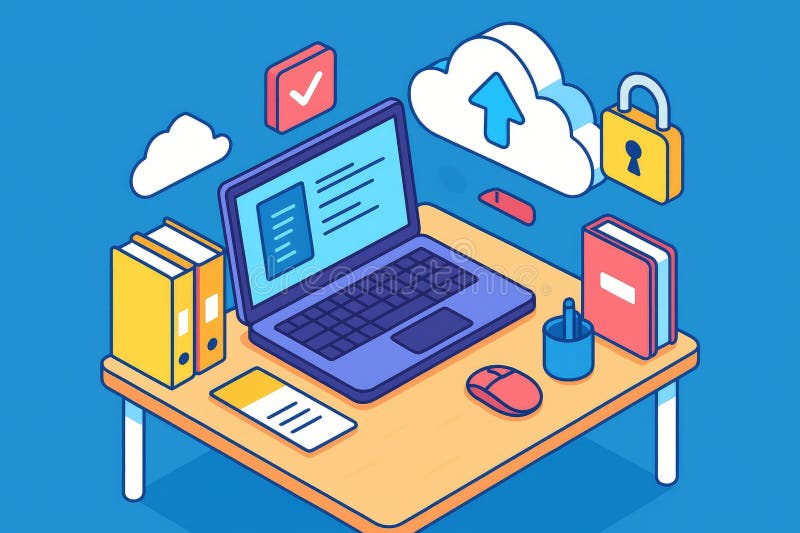 Secure Cloud Data Backup Laptop Workspace Stock Illustration ...