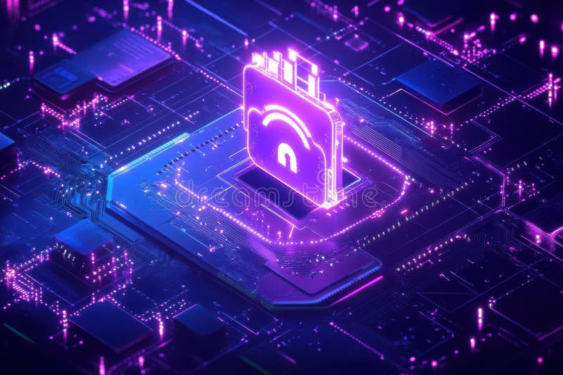 Secure Cloud Data on Motherboard Neon Glow, Background Stock ...