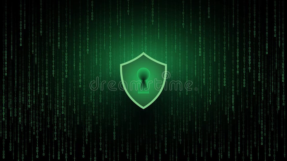 Secure Coding Green Binary Code With Shield And Keyhole On Black Background Stock Vector