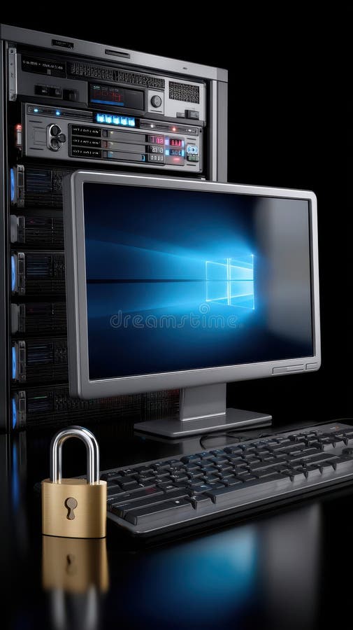Secure Computer Server Setup with Monitor, Keyboard, and Padlock for System Security and Access ...