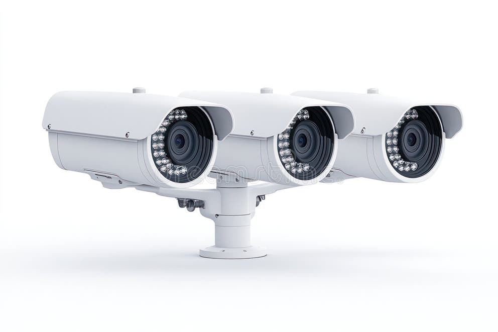 Secure Computing: Laptop with Three Surveillance Cameras on White Background - 3D Rendering ...