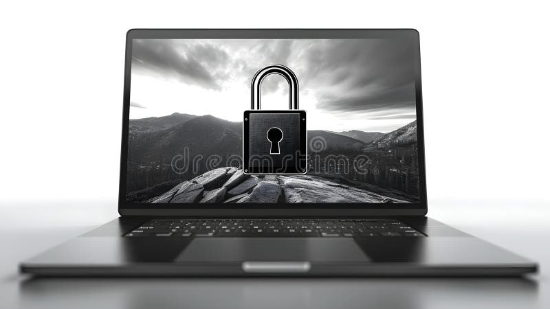 Secure Computing: Padlock Over Mountain Wallpaper on Laptop. Concept ...