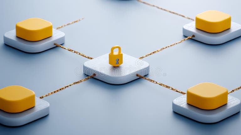 Secure Connection, Yellow Lock Guarding Chain of White Blocks ...