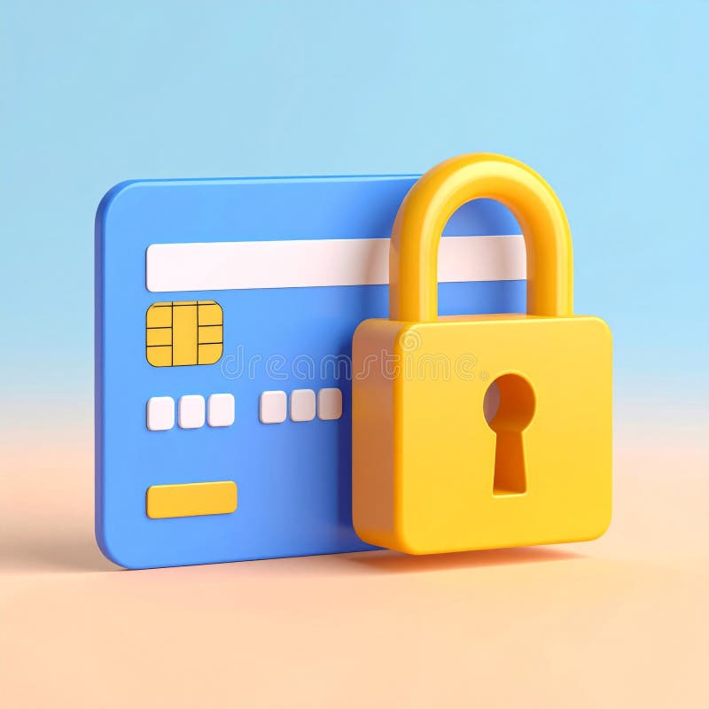 Secure Credit Card Payment Concept: Blue Credit Card and Yellow Padlock ...