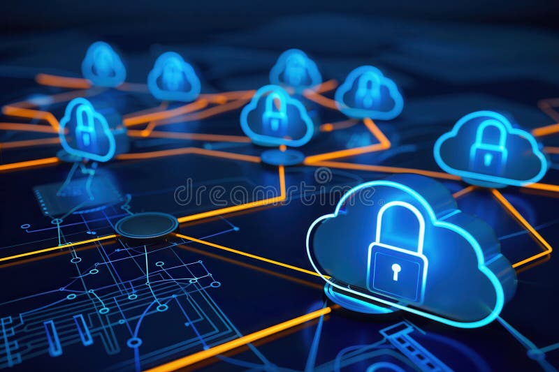 Secure Data Backup System with Glowing Digital Locks and Cloud Icons ...