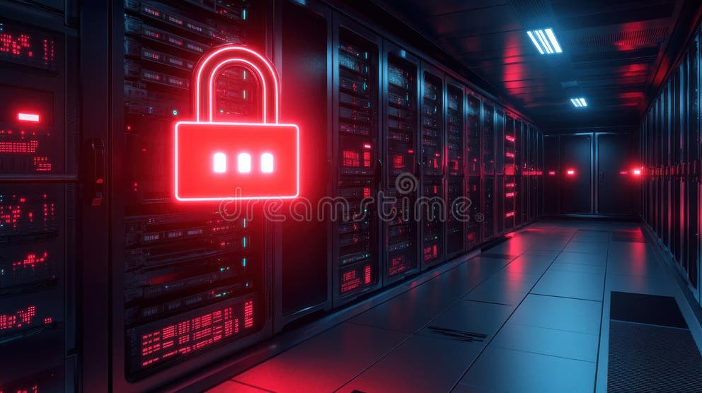 Secure Data Center Corridor Featuring Illuminated Lock Symbol and ...