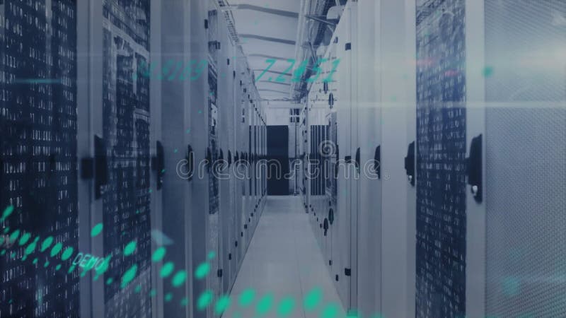 Secure Data Center Corridor Showcasing Streaming Binary Code Across Server Racks and Cable Trays ...