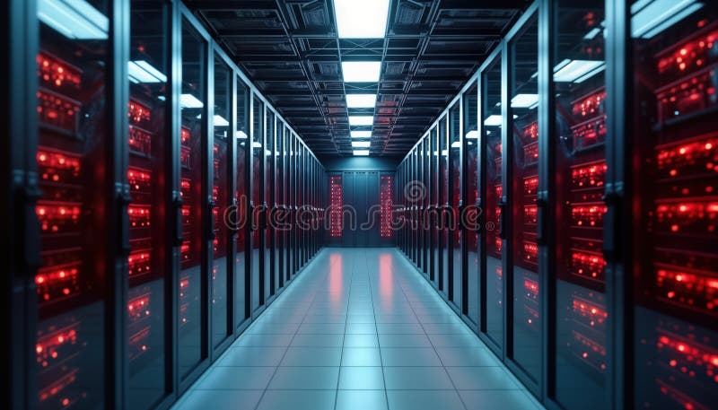 Secure Data Center Interior Shows Rows of Server Racks. Tech ...