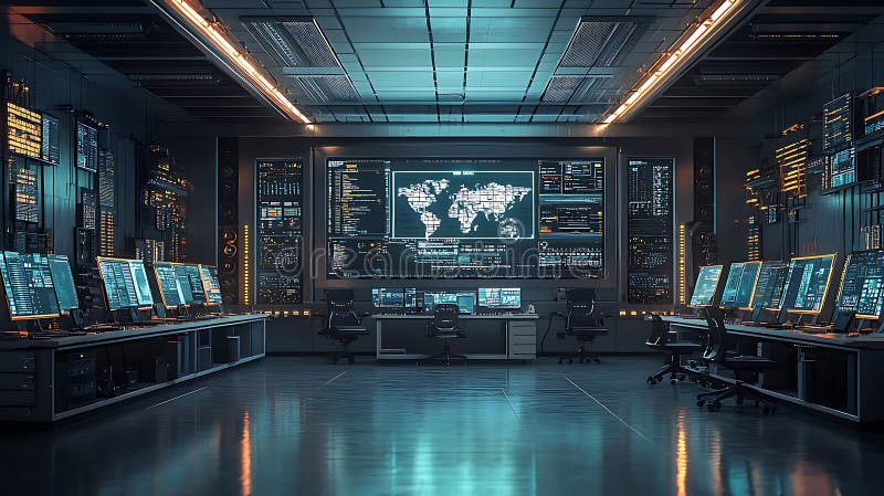 Secure Data Center Operations Room with Multiple Screens and Global Map ...