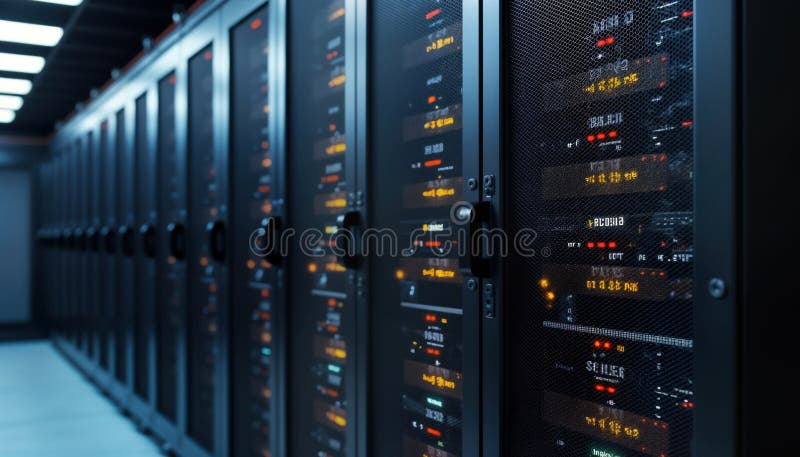 Secure Data Center Server Racks Line Room. Tech Equipment Lights Up ...