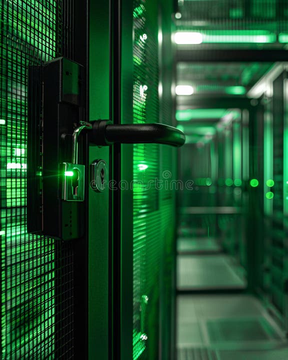 Secure Data Center with Servers Locked Behind Glass Doors, with Close ...