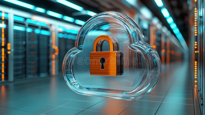 Secure Data Cloud Icon Featuring Transparent Crystal Design and Padlock ...