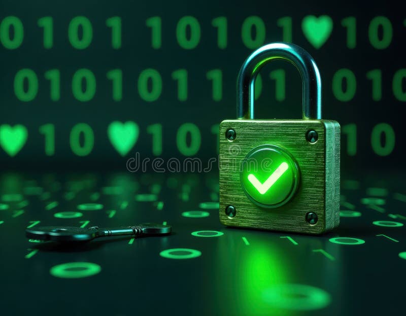 Secure Data Encryption Padlock With Green Check Mark On Binary Code