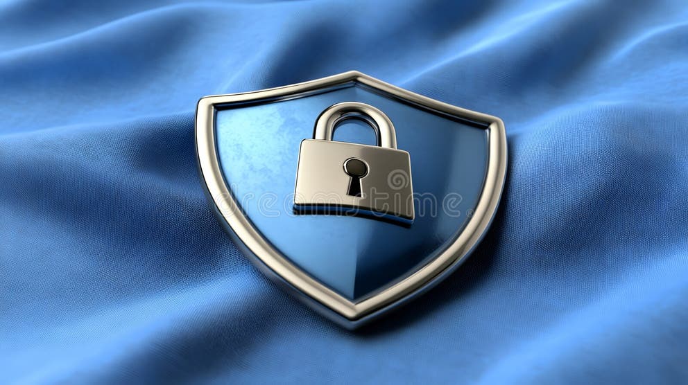 Secure Data Protection Concept Blue Shield with Padlock on Fabric ...