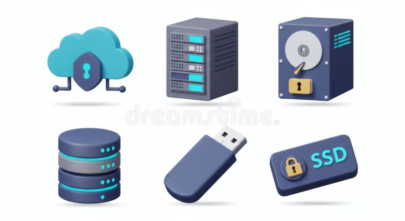 Secure Data Storage Devices Cloud Server and Ssd Drive Isometric ...