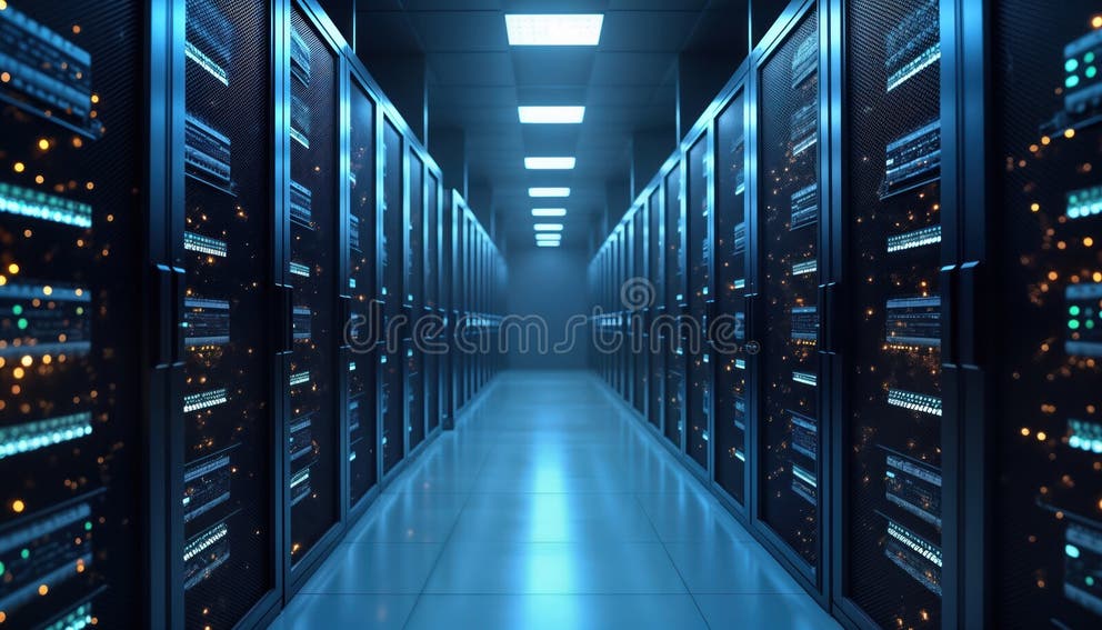 Secure Data Warehouse Interior. Rows of Dark Server Cabinets Line ...