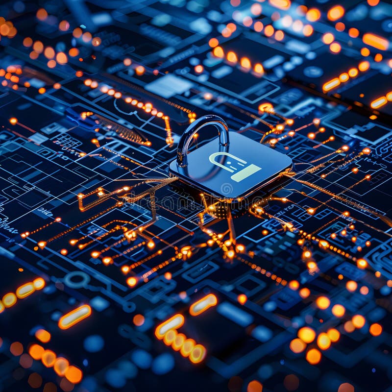 Secure Digital Circuit Board with a Padlock Symbolizing Cybersecurity ...