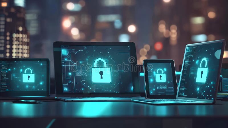 Secure Digital Devices with Lock Icons in Cybersecurity Concept Stock ...