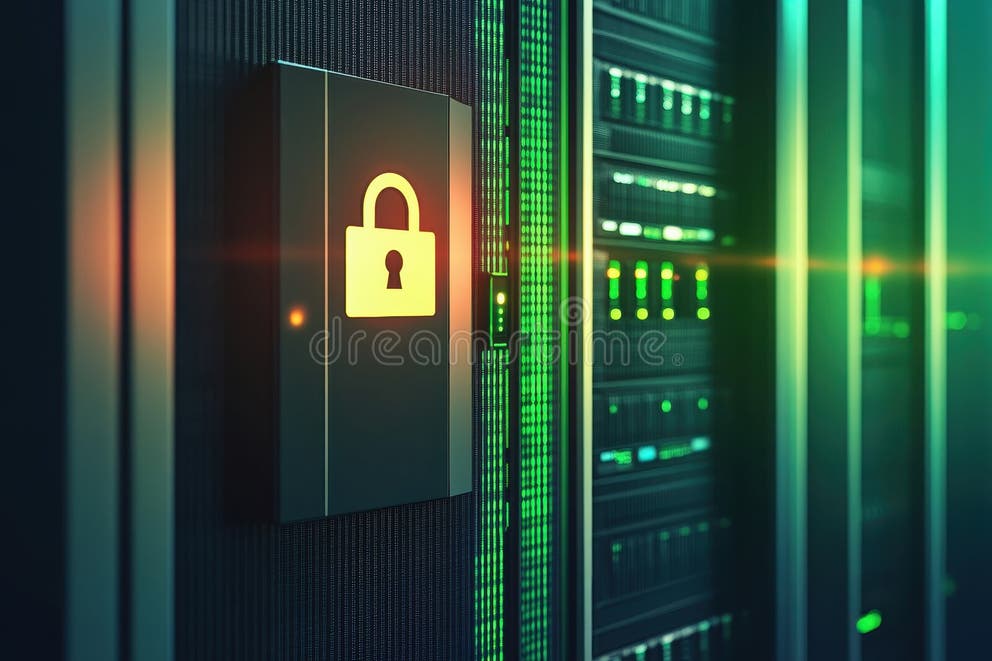 Secure Digital Environment with Padlock Icon on Modern Server Equipment ...