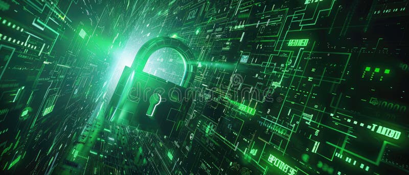 Secure Digital Green Space with Cyber Padlock and Light on Abstract ...