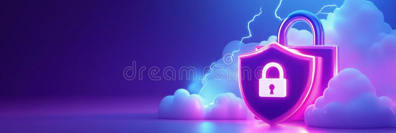 Secure Digital Lock Icon with Lightning and Clouds Creates Vibrant ...