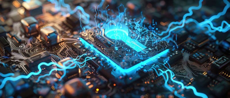 Secure Digital Space with Cyber Lock and Blue Lightning on Circuit ...