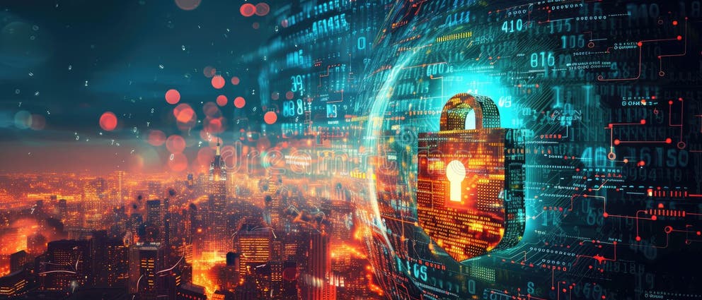 Secure Digital World Background, Cyber Lock Padlock and Code in ...