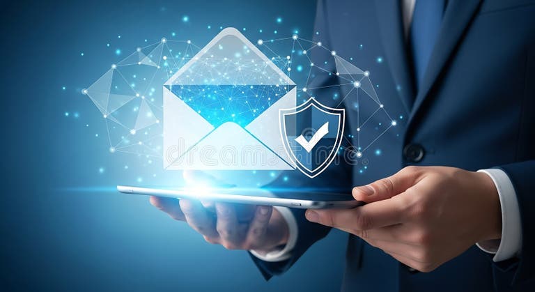 Secure Email Communication: Businessman Holding Tablet Displaying ...