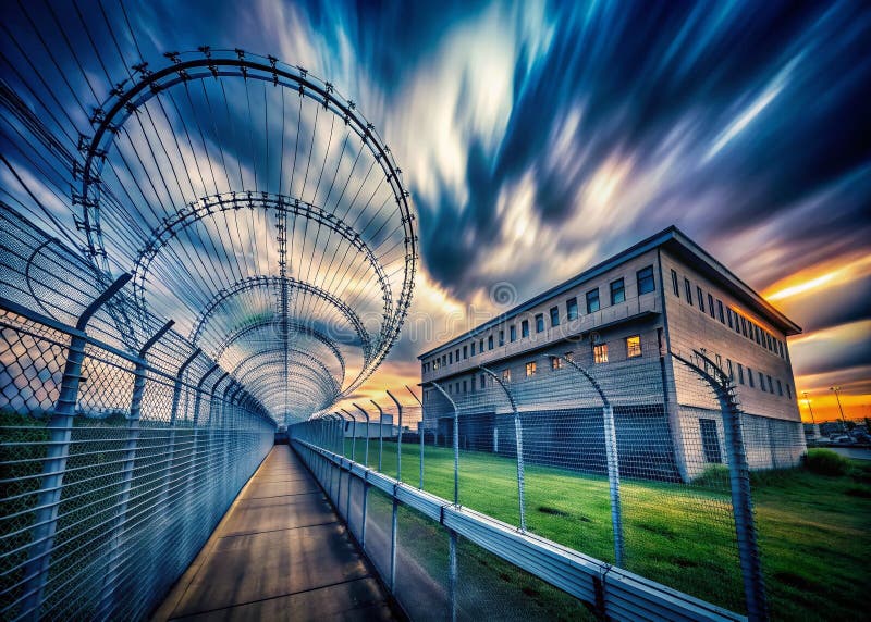 Secure Facility Exterior Panoramic View of Barbed Wire Fence and ...