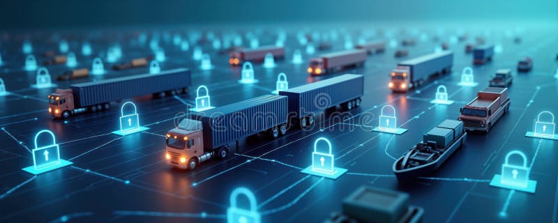 Secure Global Logistics Network Visualized. Trucks Planes, Ships ...