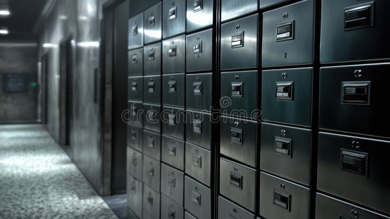 Secure Hallway with Rows of Modern Safe Deposit Boxes Stock Photo ...
