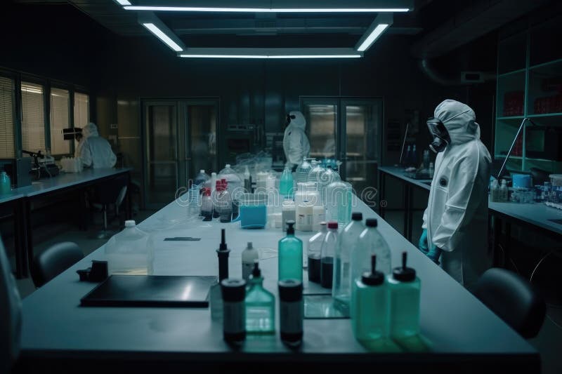 In a Secure High Level Laboratory Scientists in a Coverall Conducting a ...