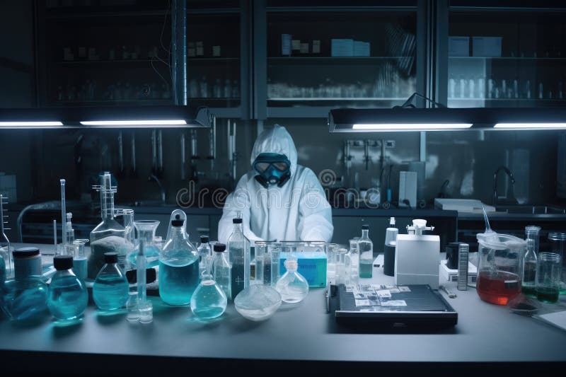 In a Secure High Level Laboratory Scientists in a Coverall Conducting a ...