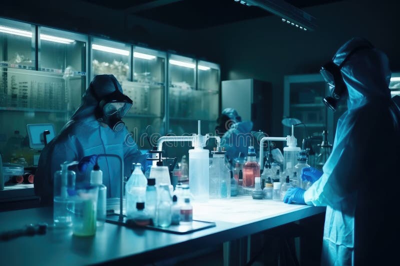 In a Secure High Level Laboratory Scientists in a Coverall Conducting a ...
