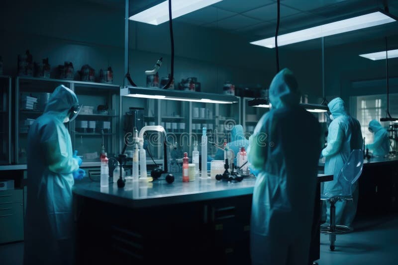 In a Secure High Level Laboratory Scientists in a Coverall Conducting a ...