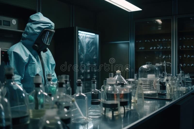 In a Secure High Level Laboratory Scientists in a Coverall Conducting a ...