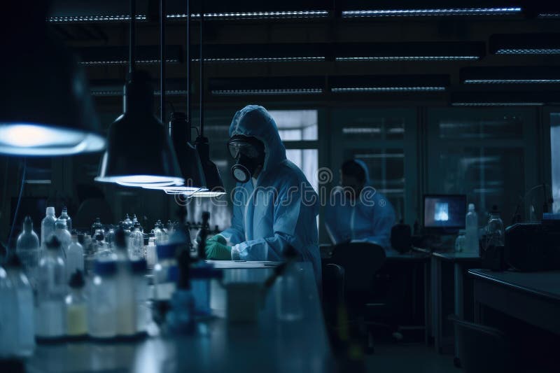 In a Secure High Level Laboratory Scientists in a Coverall Conducting a ...