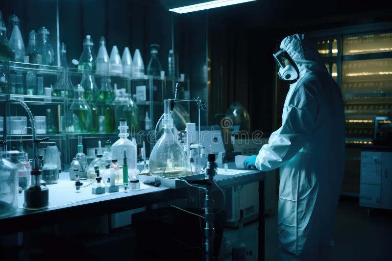 In a Secure High Level Laboratory Scientists in a Coverall Conducting a ...