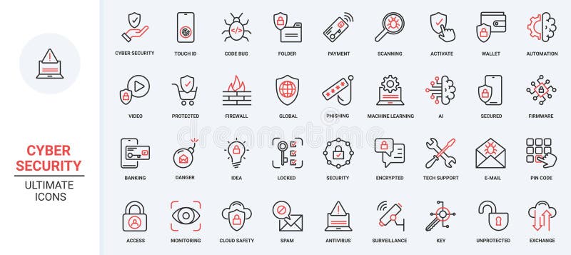 Secure Information Red Black Thin Line Trendy Icons Set for Computer ...