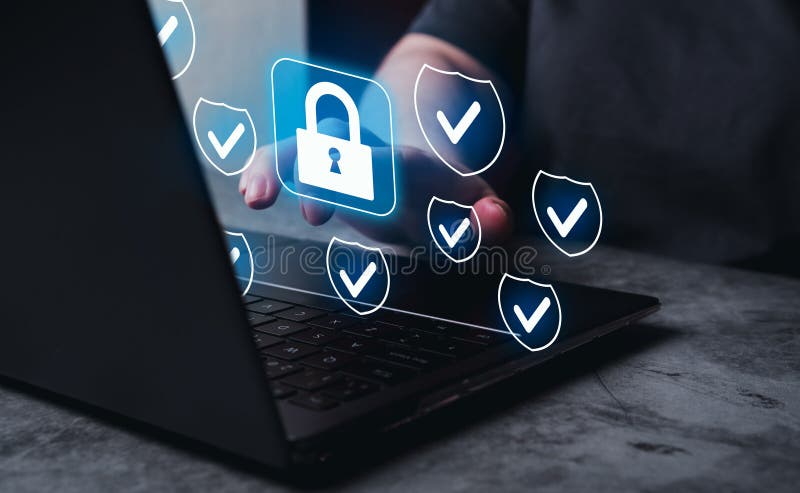 Woman Use Laptop with Hologram Interface To Protect Data Information ...