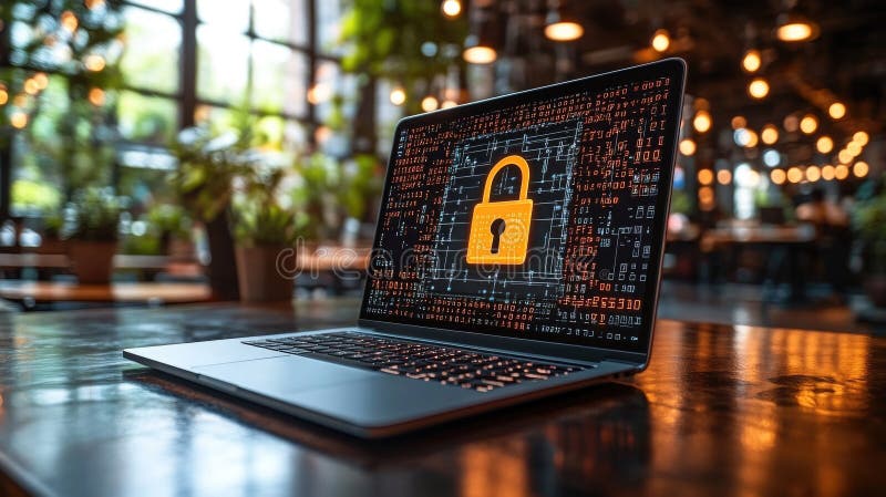 Secure Laptop with Digital Lock Symbol on Screen in Modern Cafe ...
