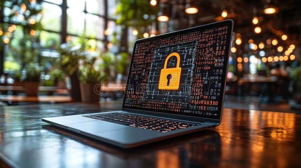 Secure Laptop with Digital Lock Symbol on Screen in Modern Cafe ...