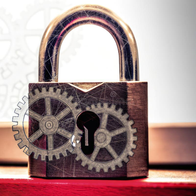Secure Lock with Gears Showcasing Encryption Principles on a Modern ...