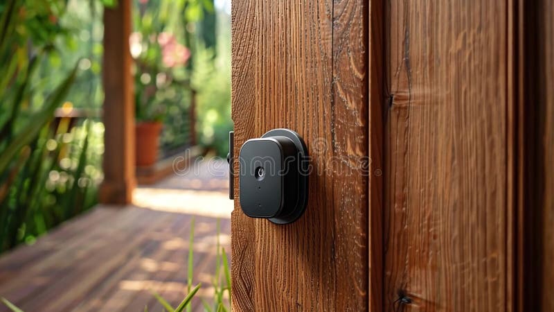 A Secure Lock is Mounted on a Rustic Wooden Door, Surrounded by Vibrant ...