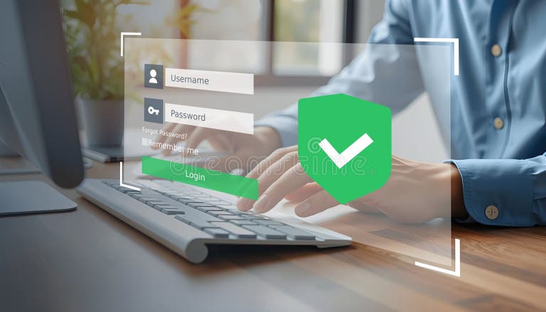 Secure Login Concept with a Green Shield on a Computer Screen Stock ...