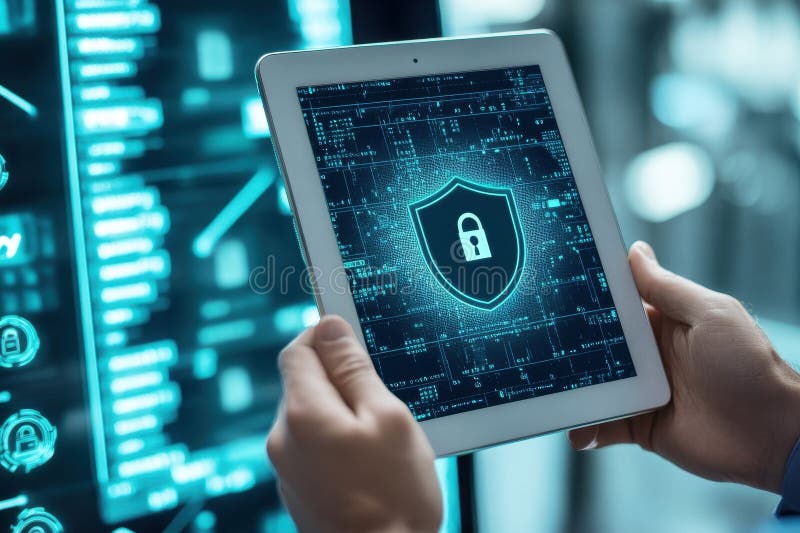 Secure Login on Tablet Displaying Digital Shield in Hands Stock Photo ...