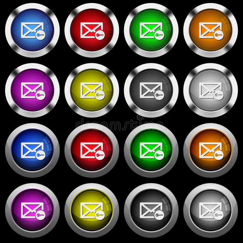 Secure Mail White Icons in Round Glossy Buttons on Black Background ...