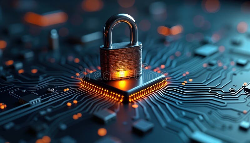 Secure Microchip Protected By Padlock Digital Safety Concept Futuristic Tech Illustration