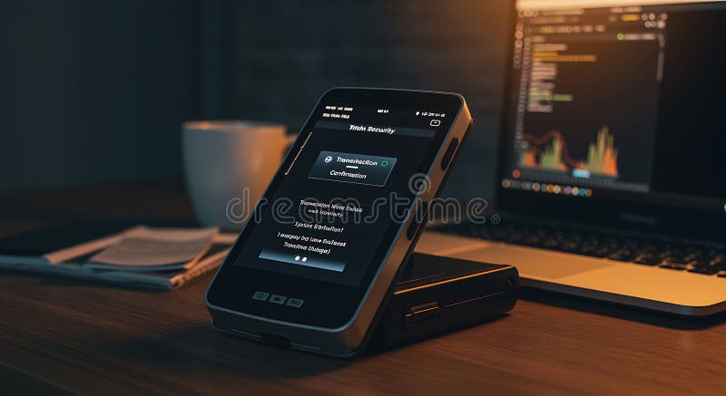 Secure Mobile Transaction Device on Desk with Laptop Stock Illustration ...
