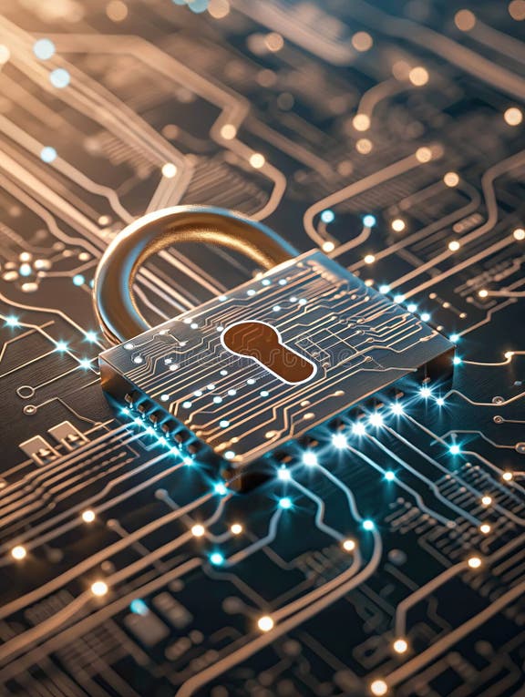 Secure Network Shield: Blue Circuitry with Shining Padlock Represents ...